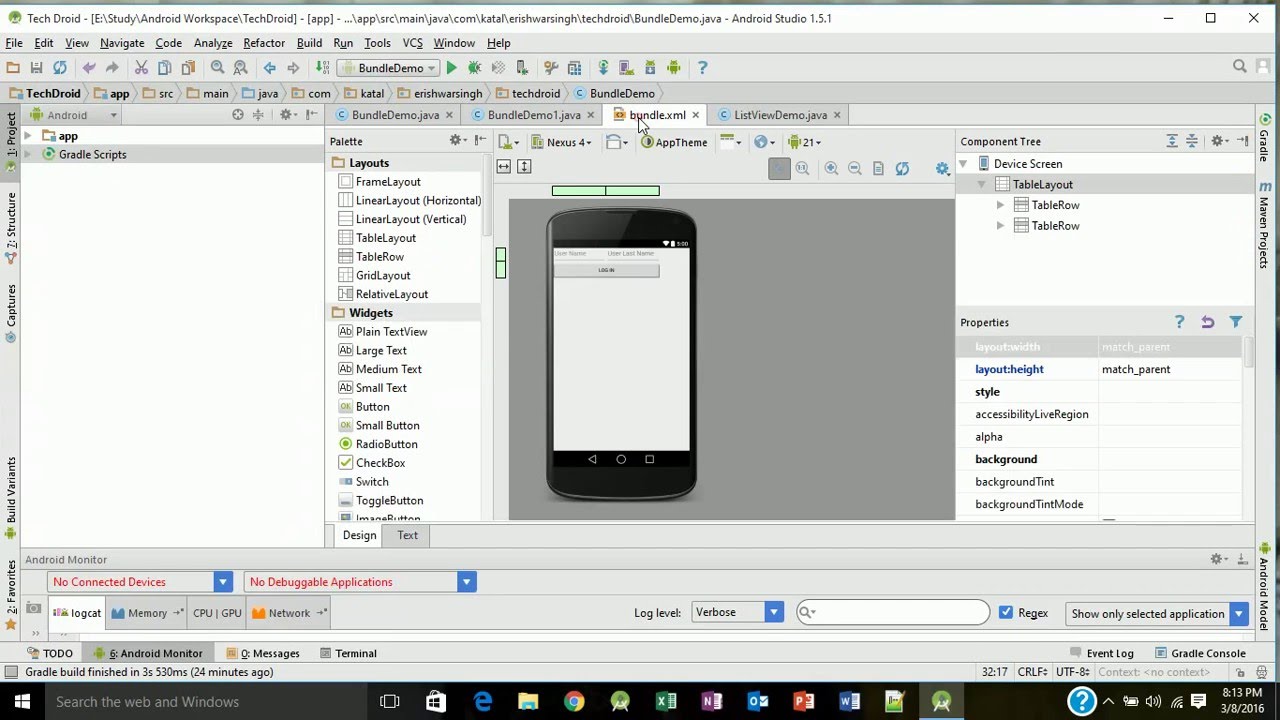 Lesson 27 Android Studio Setup Bundle Class