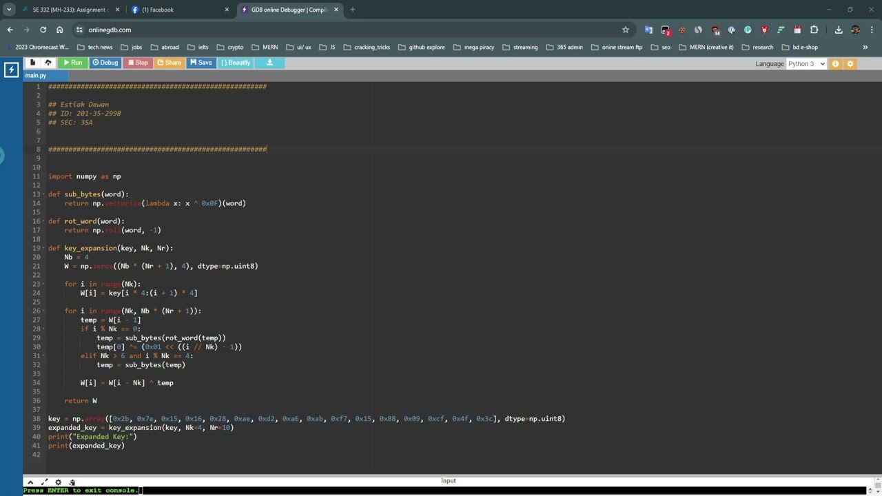 AES Key Expansion code implementation Python