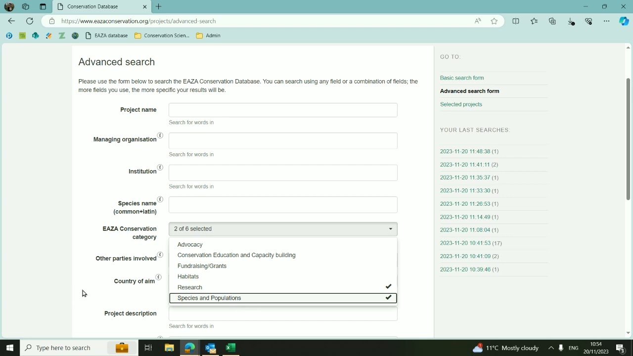 Search functions in the EAZA Conservation Database