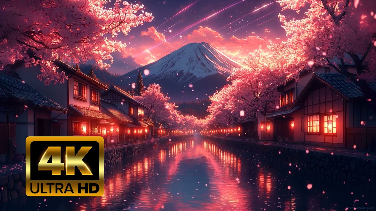 Cherry Blossom🌸 Village 4K Wallpaper | Mount Fuji Sunset For PC #sakura #cherryblossom #villagelife