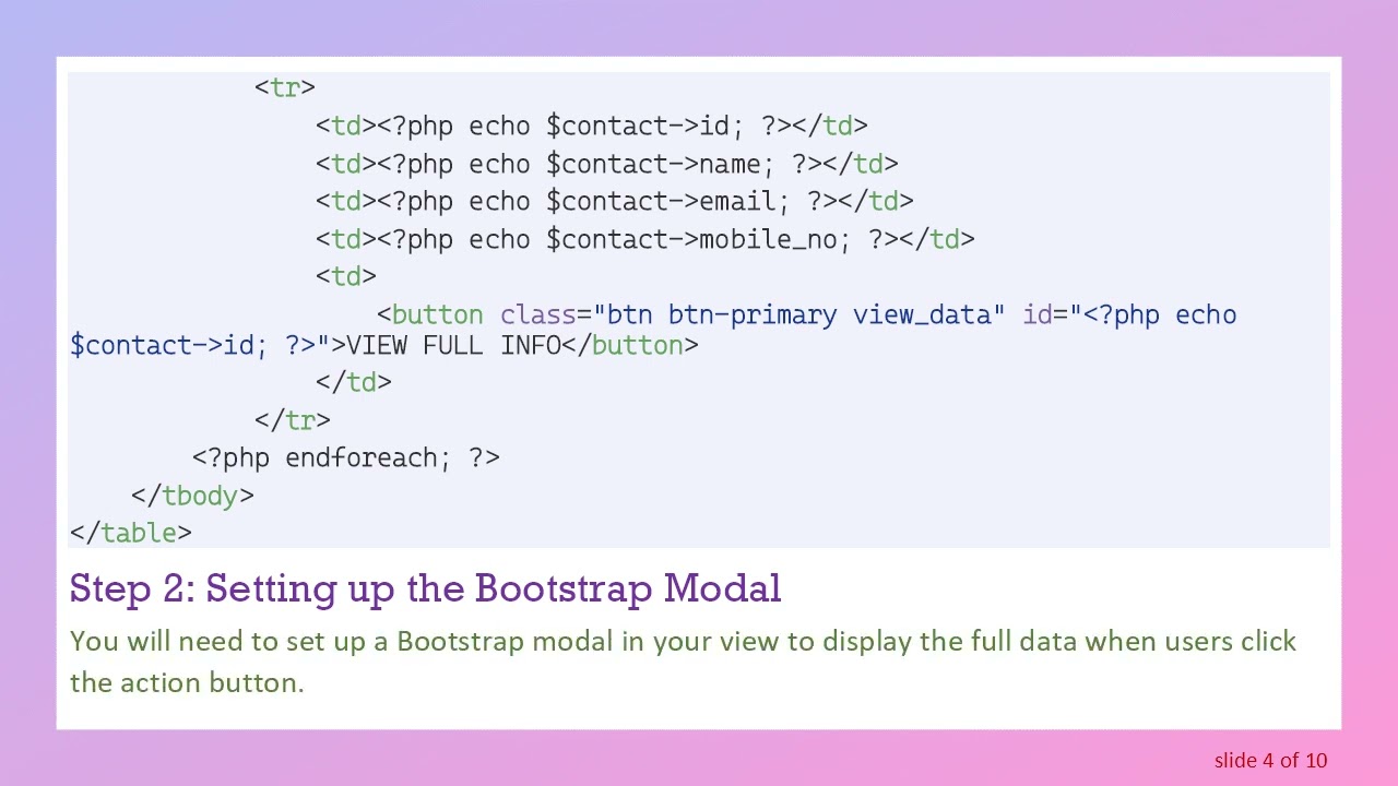 Display Full Data in a Modal using AJAX in CodeIgniter