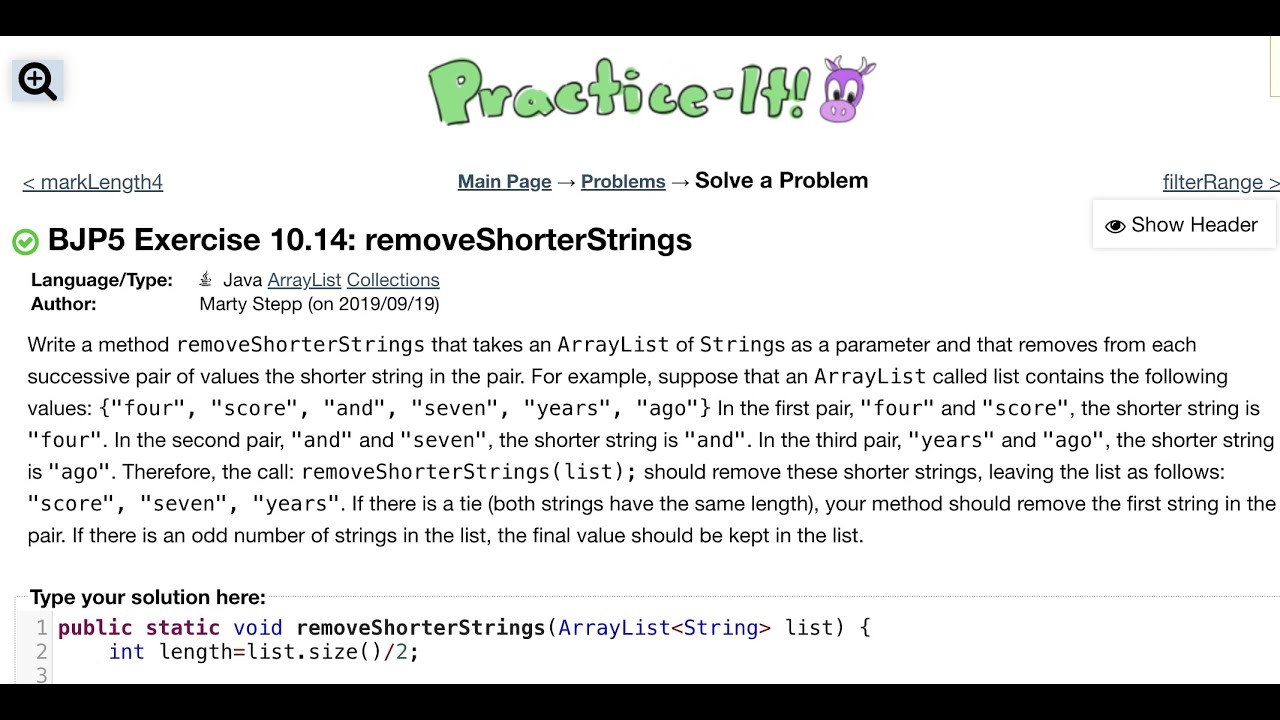 Java Practice It | Exercise 10.14: removeShorterStrings (1) | ArrayList, collections, array list