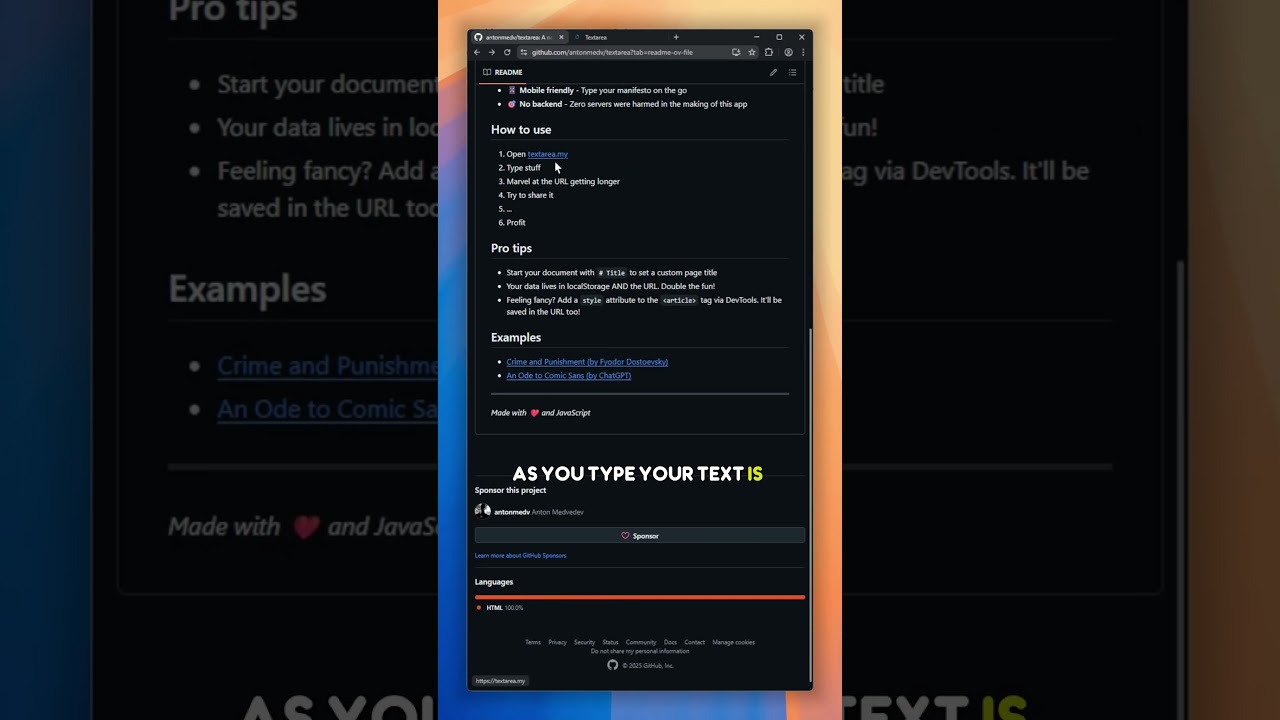 textarea.my: A minimalist text editor that lives entirely in your URL  #github