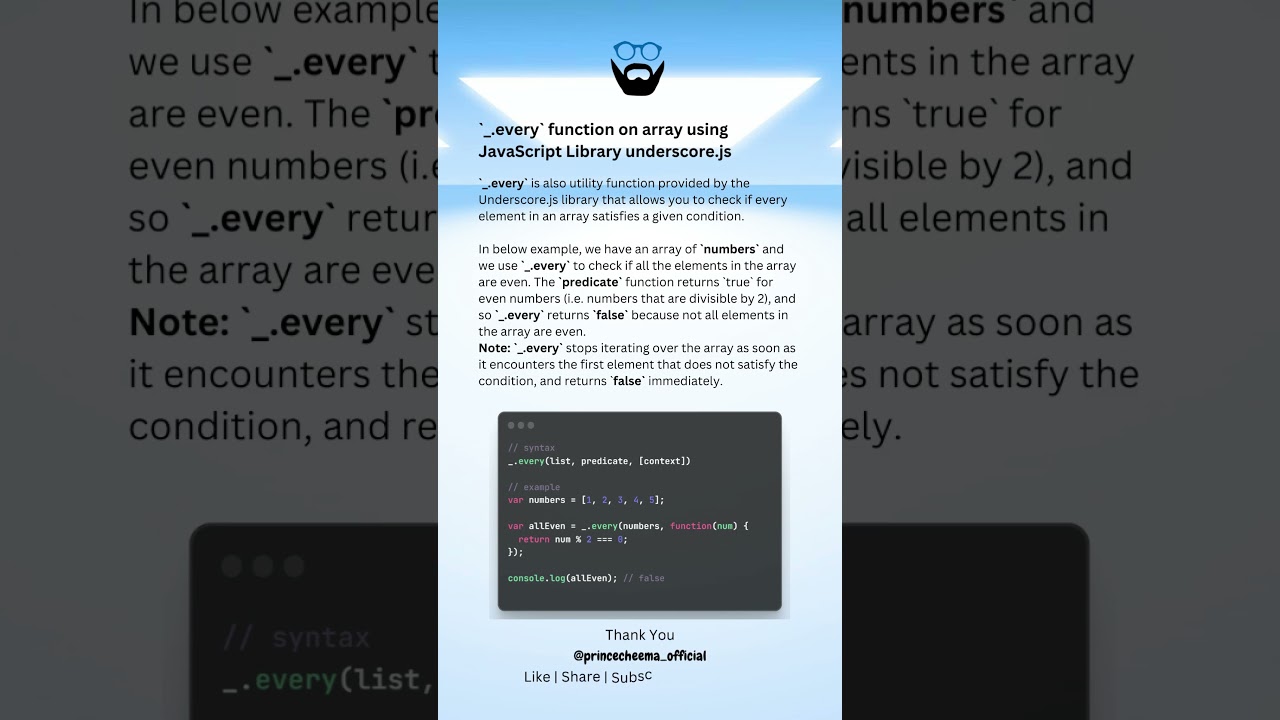 `_.every` function on array using JavaScript Library underscore.js ( #shorts )