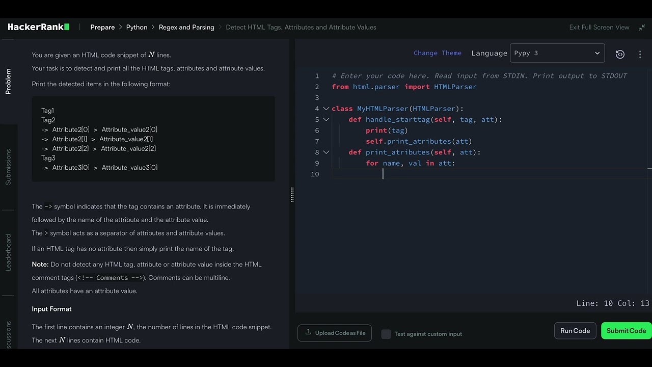 Hackerrank Python Solution #13 Regex and Parsing - Detect HTML Tags, Attributes and Attribute Values