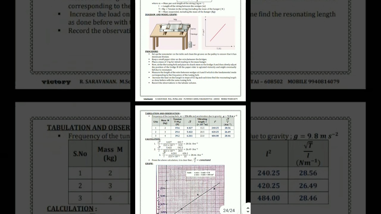 11th physics practical LENGTH OF A GIVEN WIRE AND TENSION FOR A  CONSTANT FREQUENCY USING SONOMETER