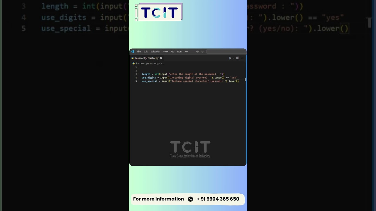 Password Generator using Python #tcit #codingwithtnc #talentcomputer #coding  #programming #codingjr
