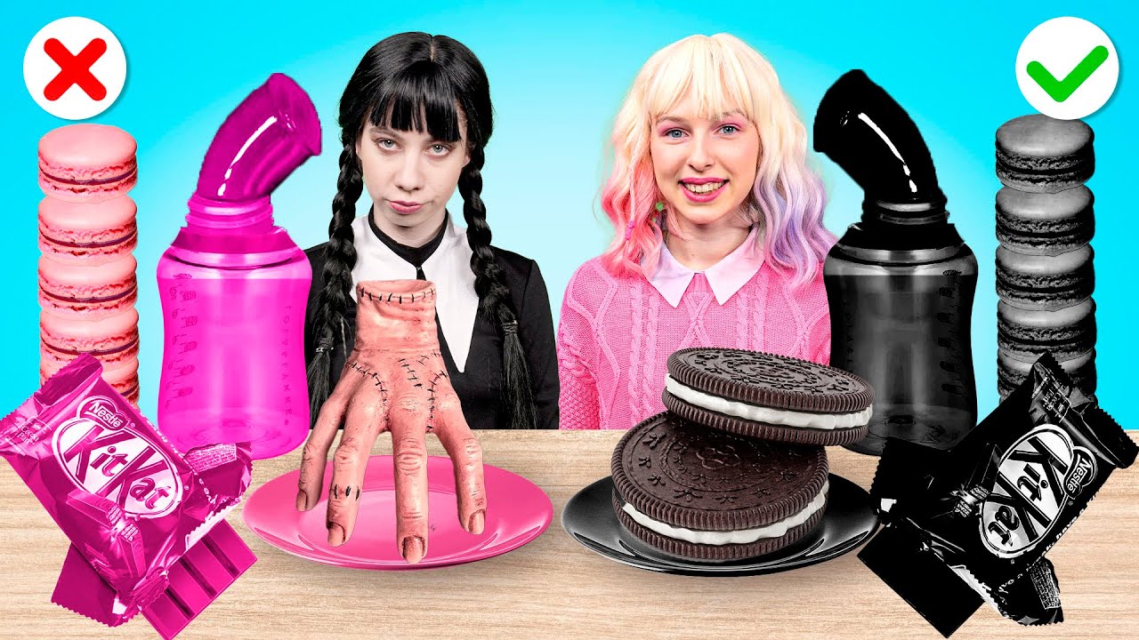 Pink VS Black Food Challenge! Wednesday VS Enid | Funny Food Situations