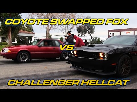 Challenger Hellcat Drag Races Fox Body Mustang with Coyote Engine Swap ...
