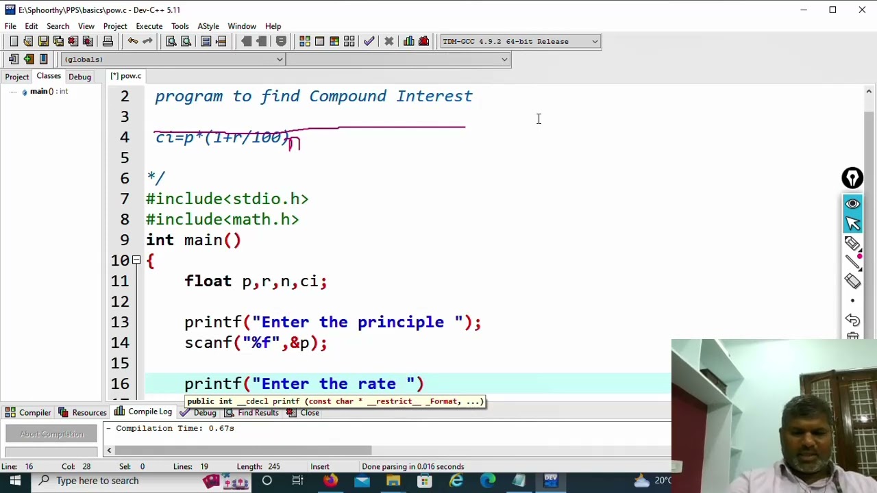 C2.10 program to find Compound Interest | C Language | for Beginners