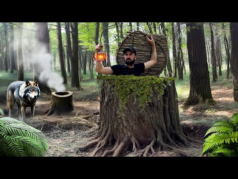 Building a Secret Dugout in a Large Tree Stump Survival Skills