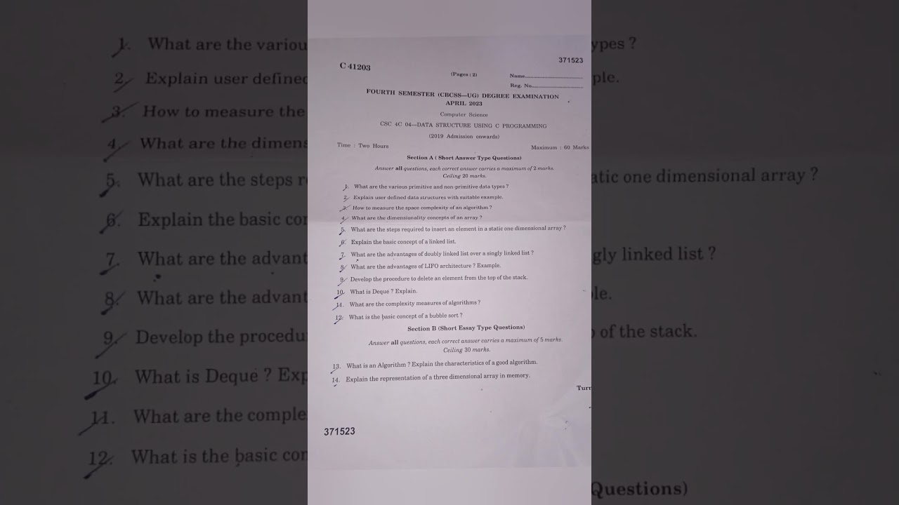 fourth sem question paper 2023 Data structure using C programming ✨