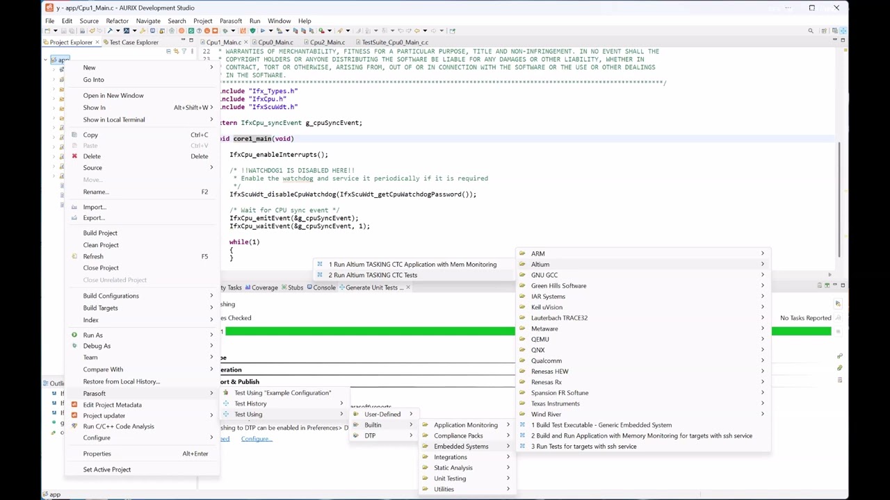 Parasoft C/C++test plugin in AURIX Developer Studio