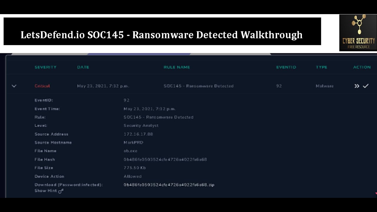 LetsDefend io SOC145   Ransomware Detected Walkthrough (Malware Case)