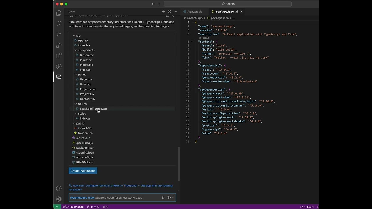 Using GitHub Copilot Chat for creating new React workspace