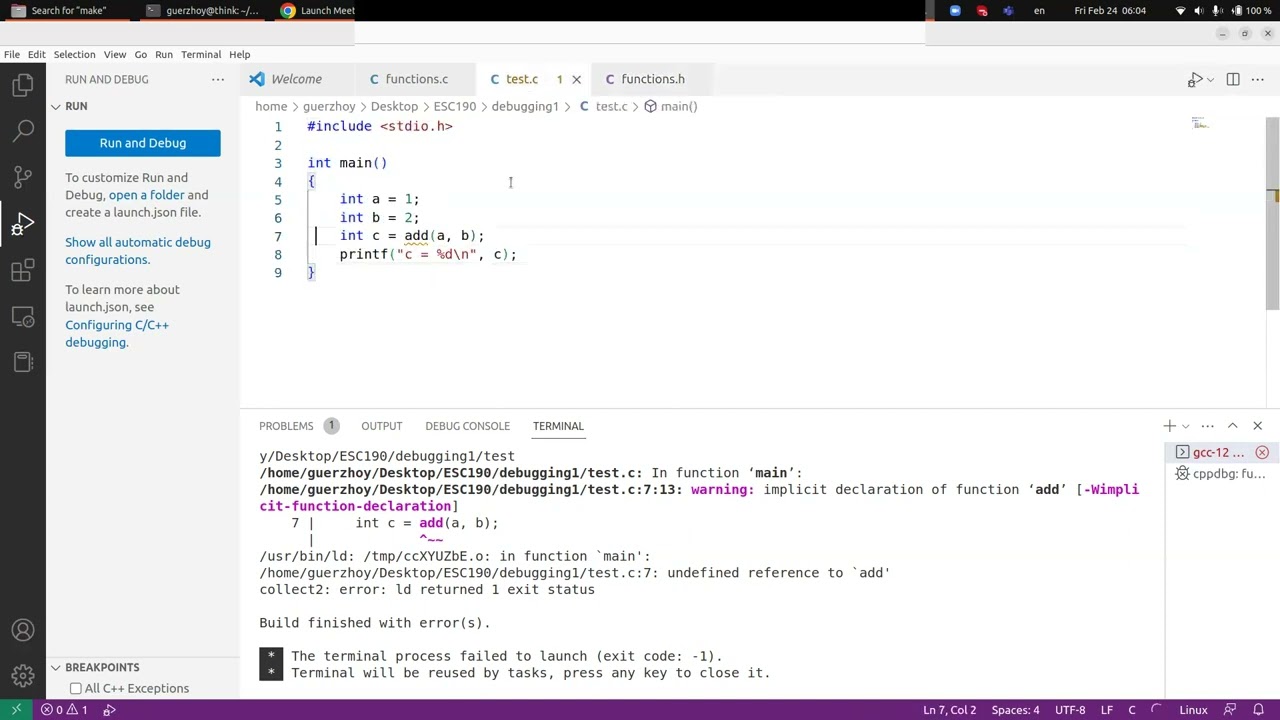 Debugging with Multiple Files in VS Code + -lm flag