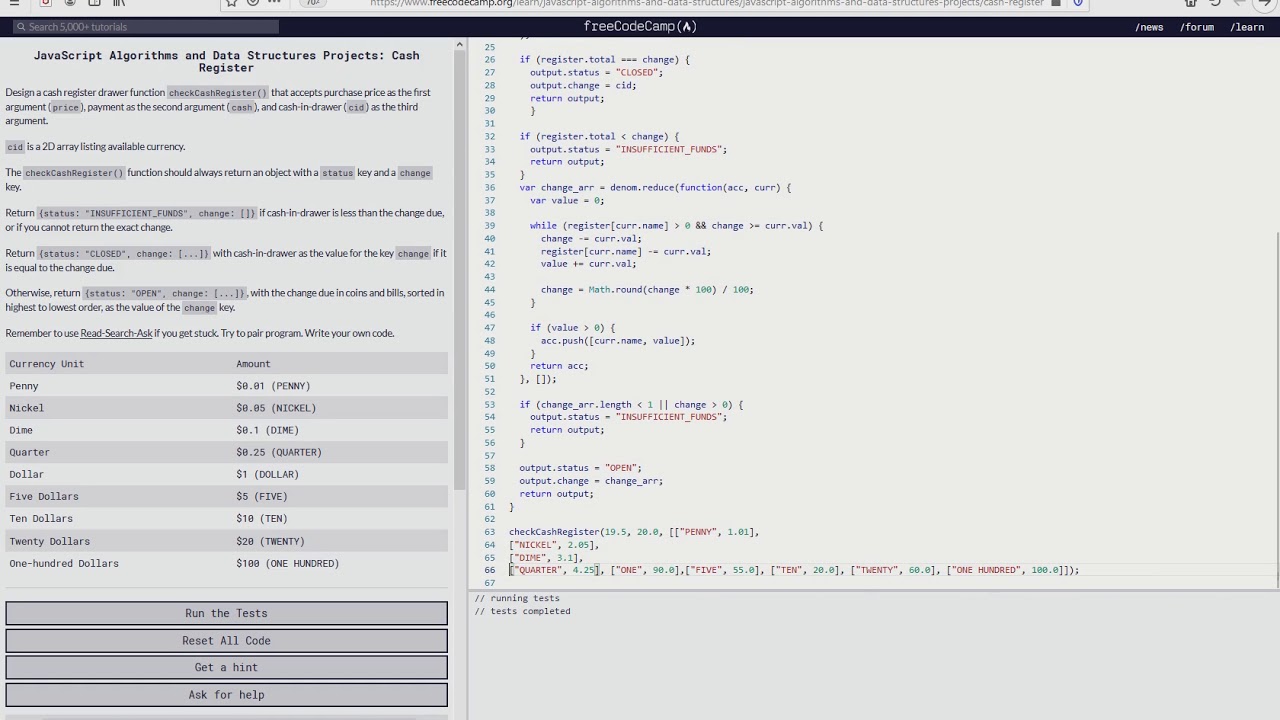 JavaScript Algorithms and Data Structures Projects: Cash Register