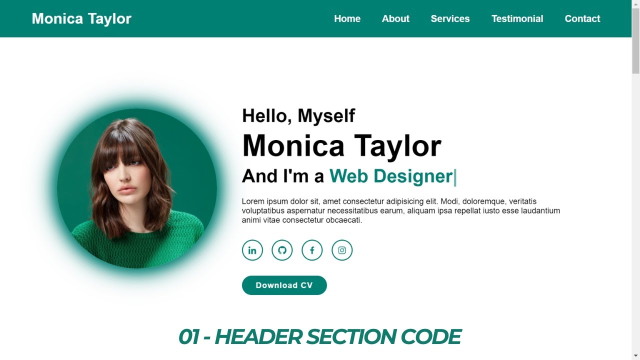Fully Responsive Personal Portfolio Website using HTML CSS and JavaScript | Header Section