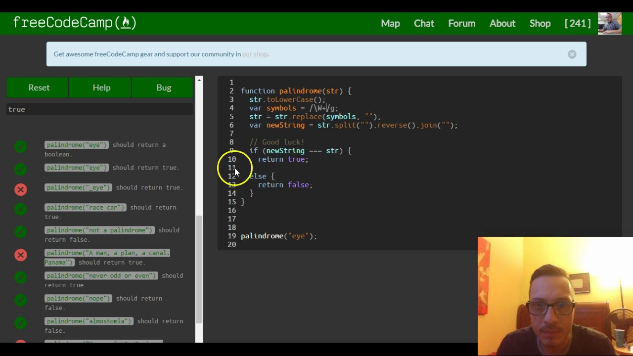 Check for Palindromes, freeCodeCamp review Basic Algorithm Scripting, lesson 3