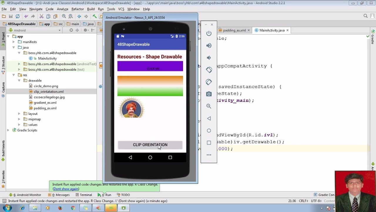 53 Android app development tutorial for beginners using Android studio | Resources -Clip Drawable