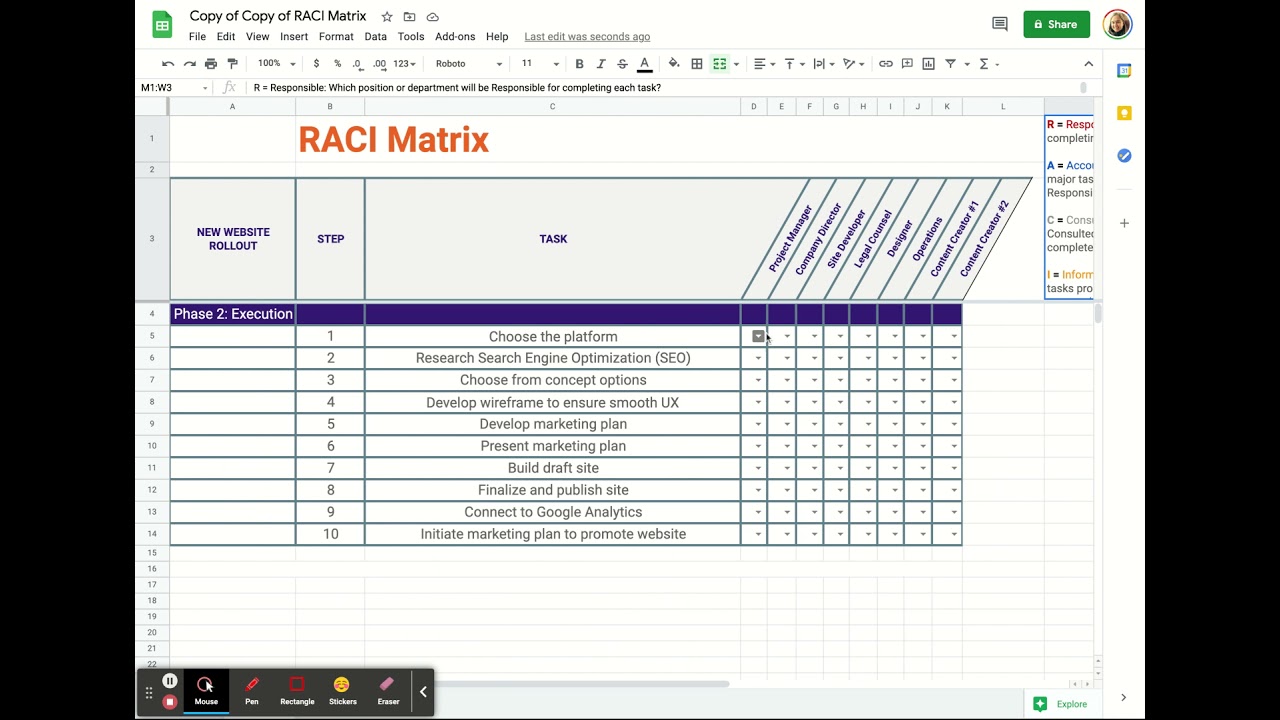 Sample RACI Matrix -- GOOGLE SHEETS