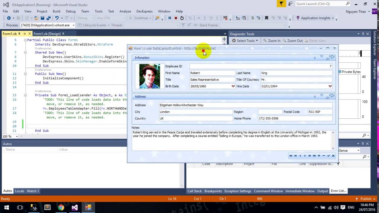 [DEVEXPRESS] Tutorial use Data Table Layout in VB.NET 2016
