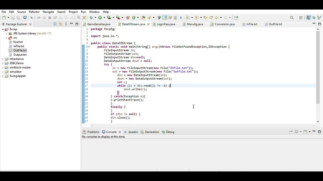DataInputStream and DataOutputStream in Java using Eclipse