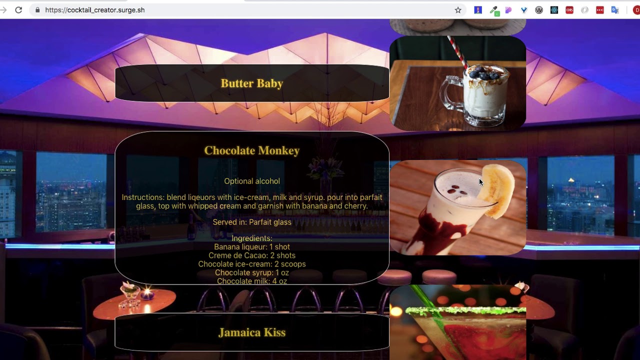 Cocktail Creator created in React with Cocktail DB API