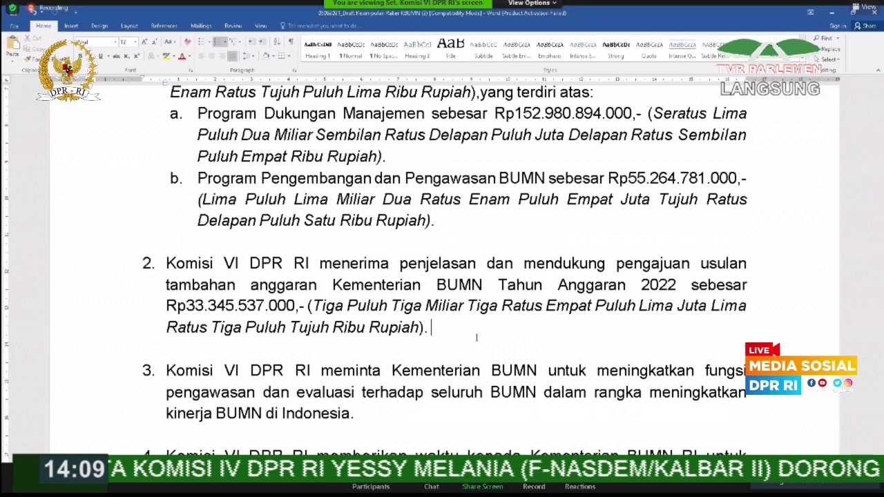 LIVE STREAMING - KOMISI VI DPR RI RAPAT KERJA DENGAN MENTERI BUMN