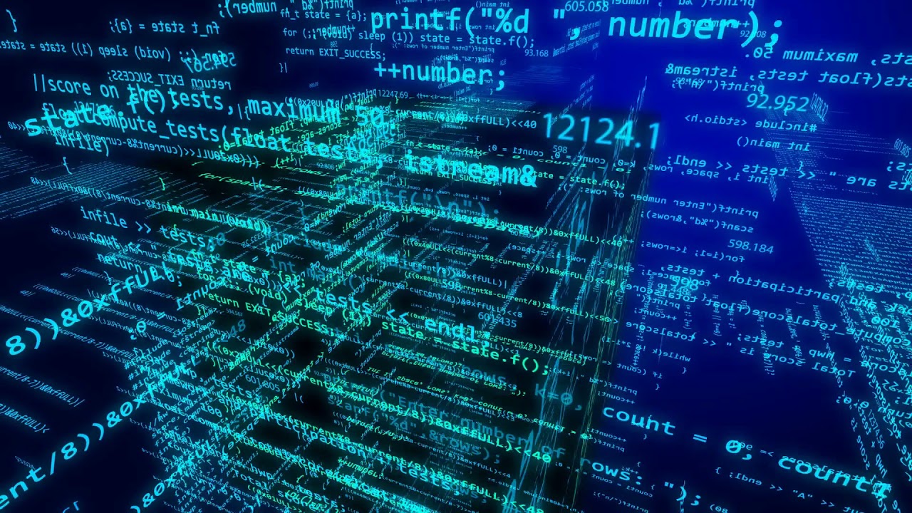 glowing light blue abstract programming code background on dark software or script development