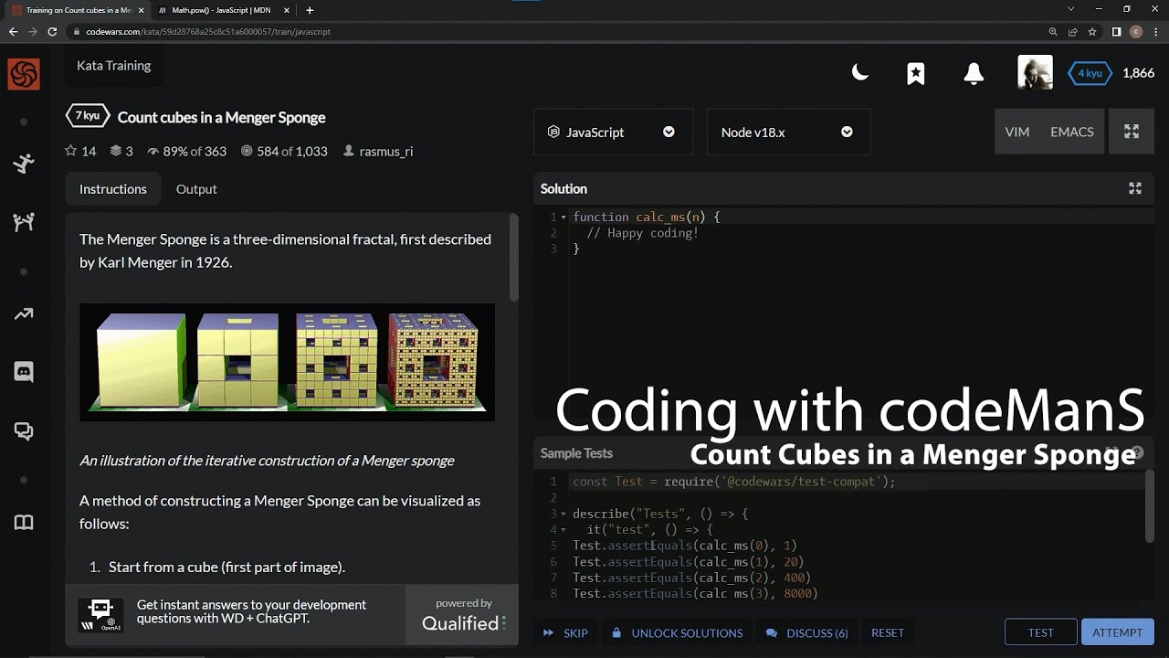 Codewars 7 kyu Count Cubes in a Menger Sponge Javascript