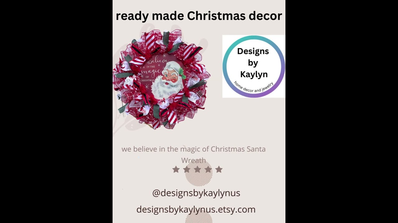 Vintage Santa Christmas Wreath – Festive Holiday Door Decor with Candy Cane Ribbons