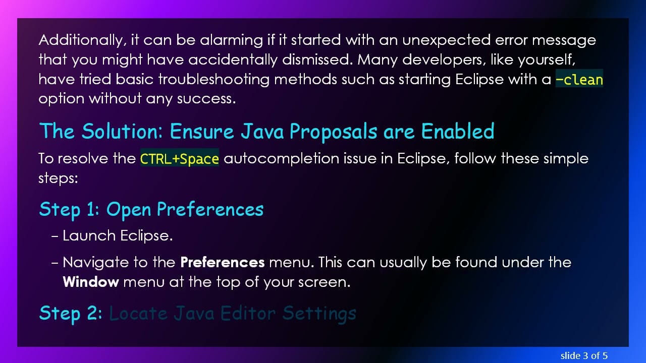 Fixing CTRL+ Space Autocompletion Issues in Eclipse for Java Development