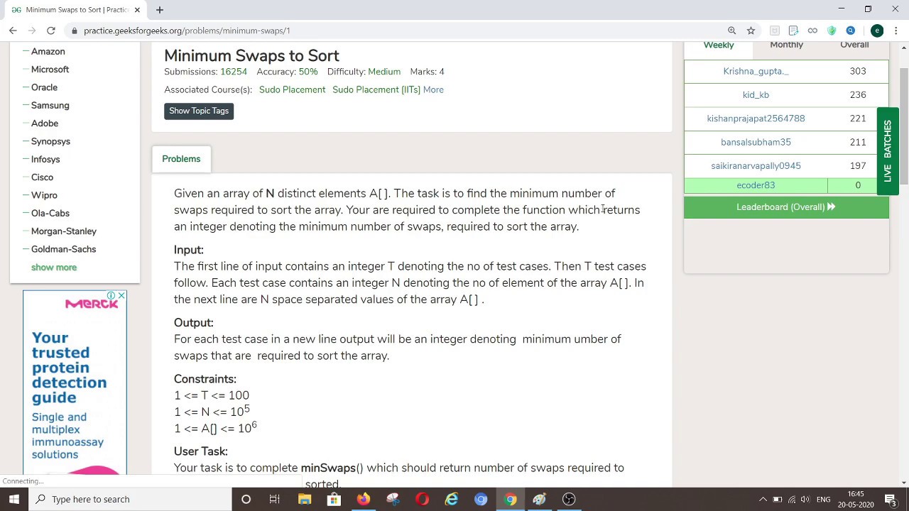 GeeksForGeeks Minimum Swaps to Sort - EasyCode