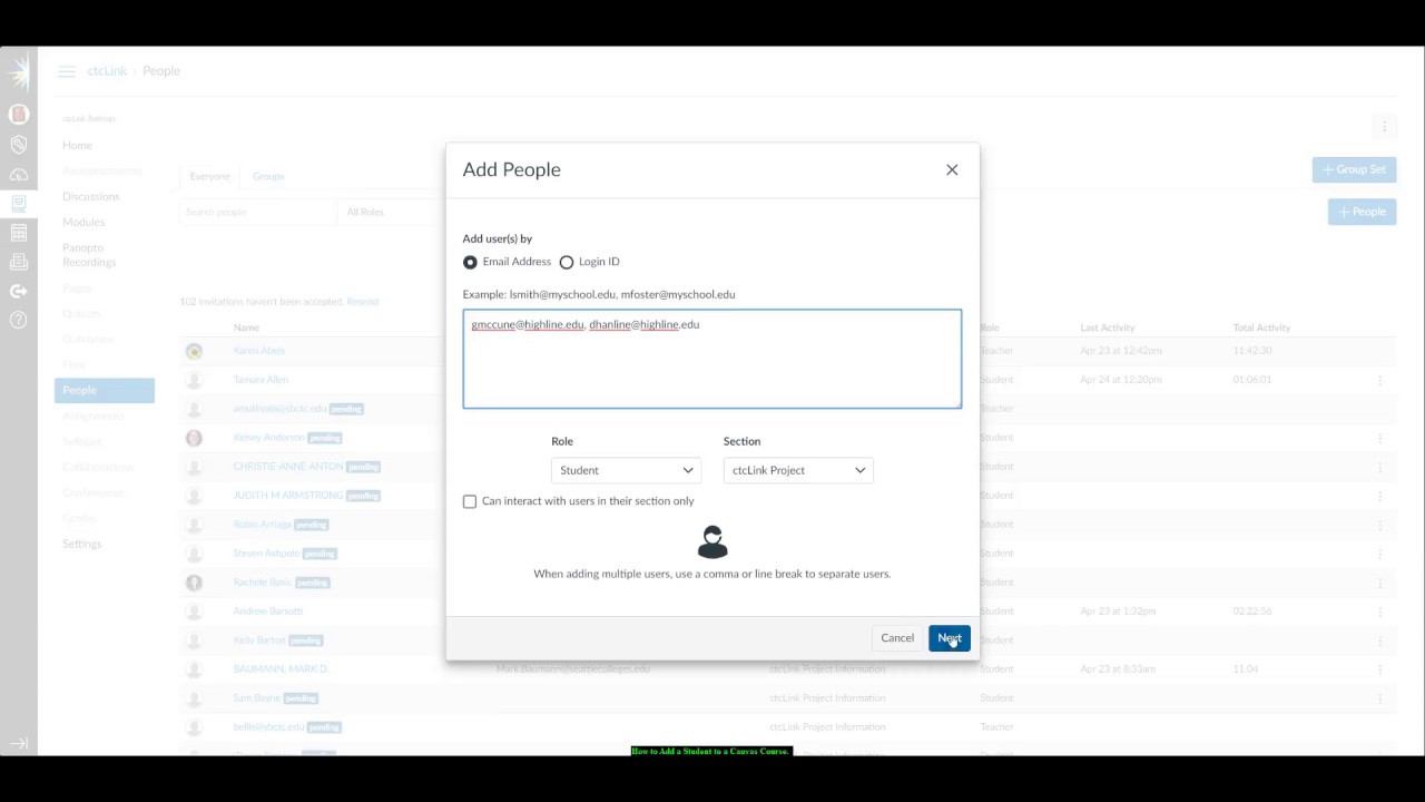 How to Add a Student in Canvas (ctcLink Project Information Course)