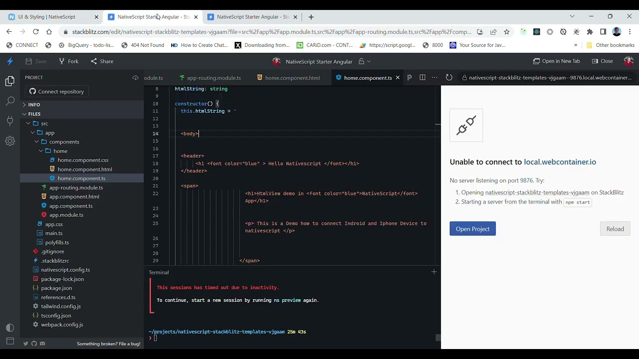 How to connect Iphone and Android Mobil in Nativescript Using Stackblitz