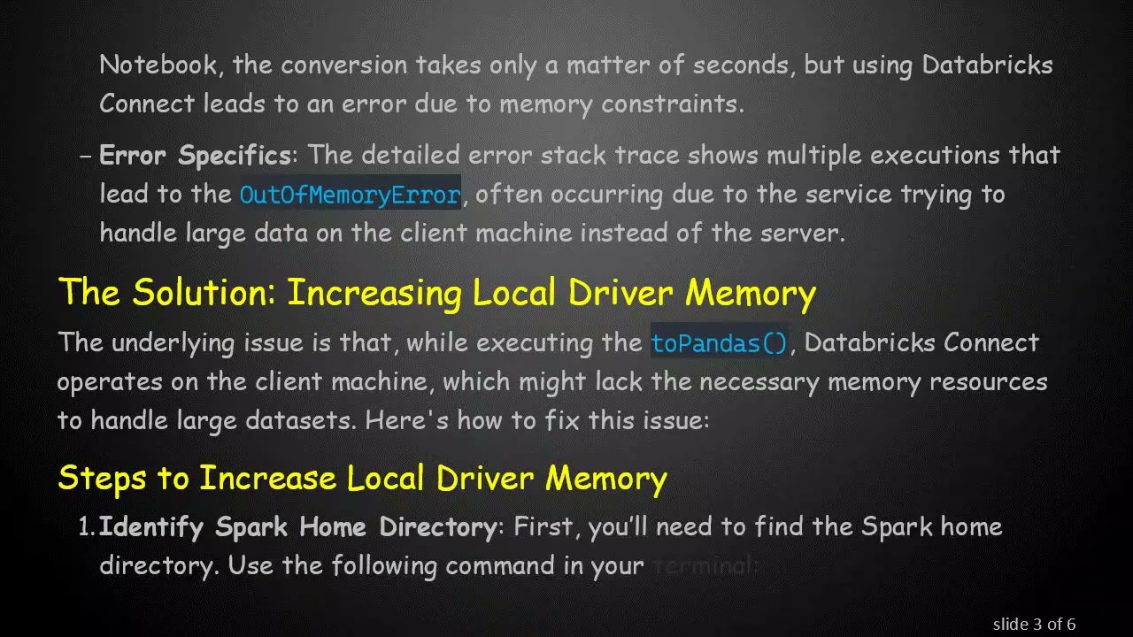 How to Fix java.lang.OutOfMemoryError: Java heap space When Using toPandas() in Databricks Connect