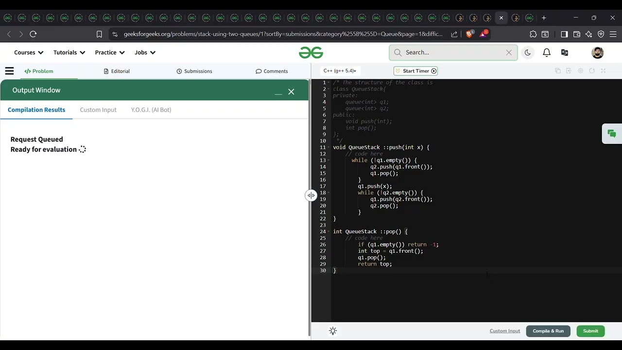 Stack using Two Queues | GFG Solution in C++ (Optimized Code)