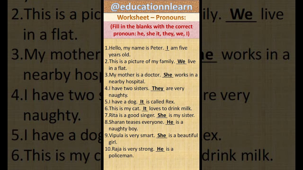 Pronouns Worksheet with Answers for Kids | English Grammar Practice