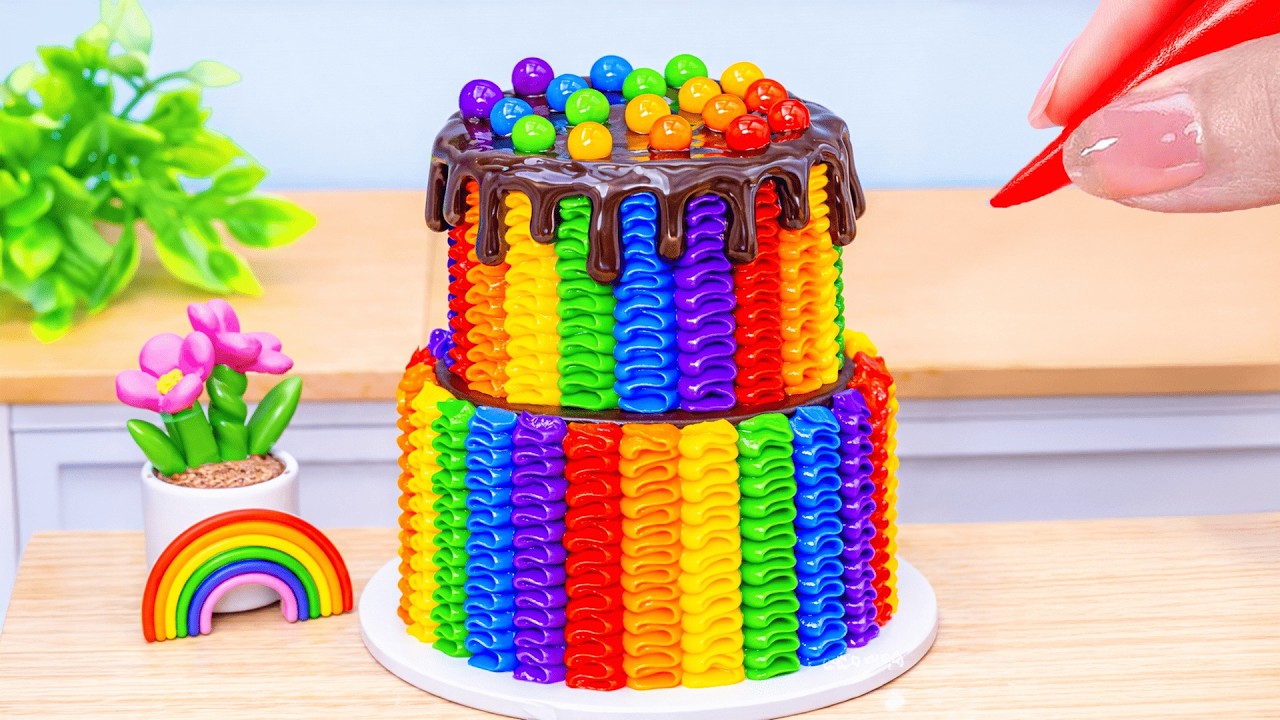 Mini Rainbow Cake With Chocolate🌈Super Glossy Buttercream & Cute Rainbow Toppers💖HT Mini Cakes