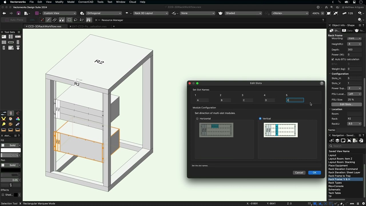 Vectorworks 2024 - ConnectCAD 3D Rack Workflow Panel Visualization