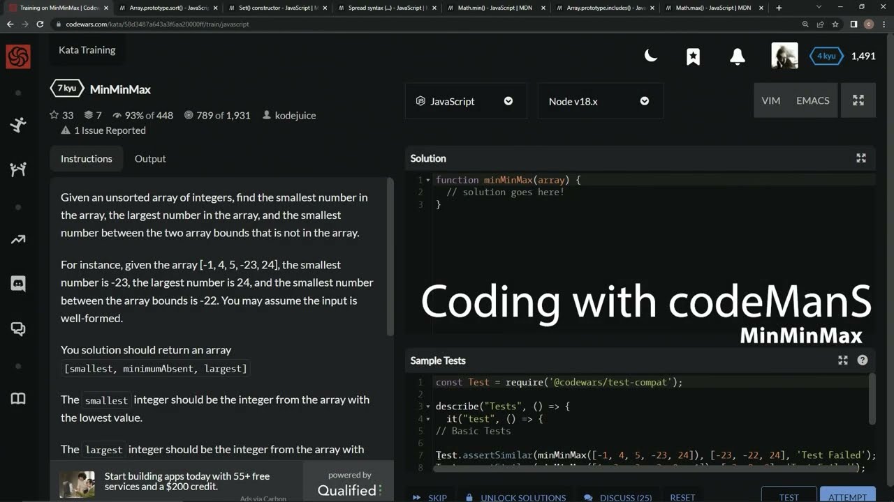 Codewars 7 kyu MinMinMax Javascript