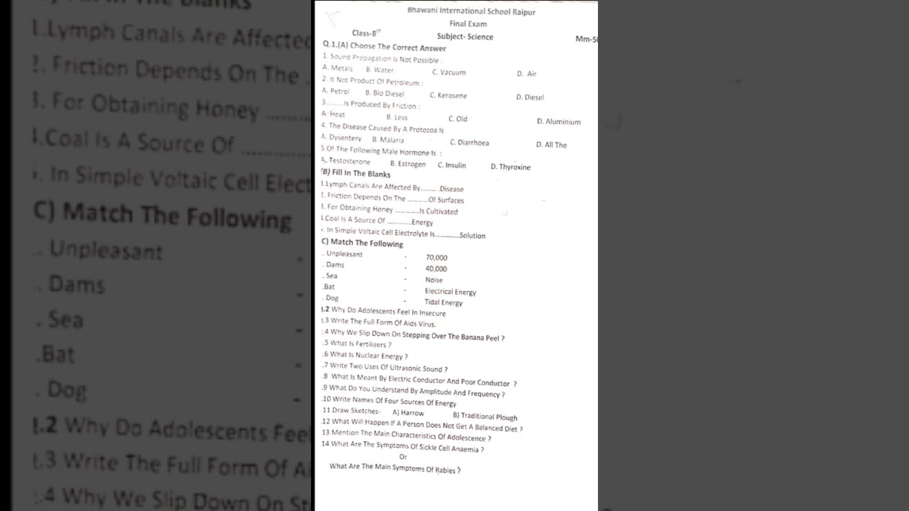 Class 8th science final question paper CBSE