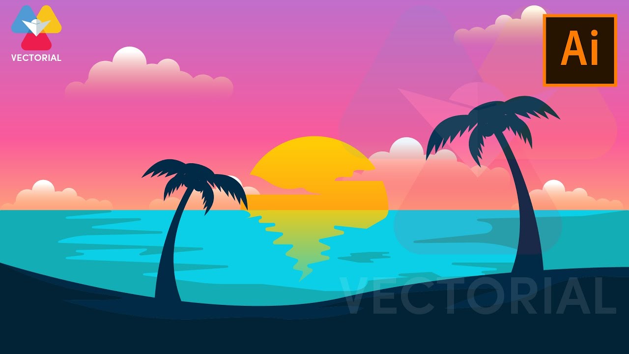 Beautiful sunset beach landscape tutorial in Adobe Illustrator
