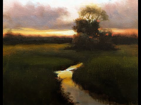 How to paint sunset, trees, water grass