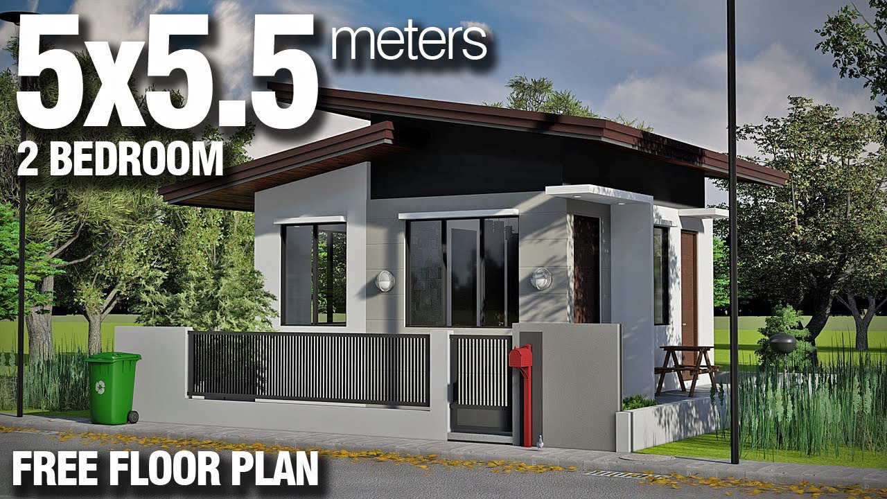 5x5.5 meters 2 Bedroom Modern Bungalow : Free Floor Plan : interior design : Budget House Design