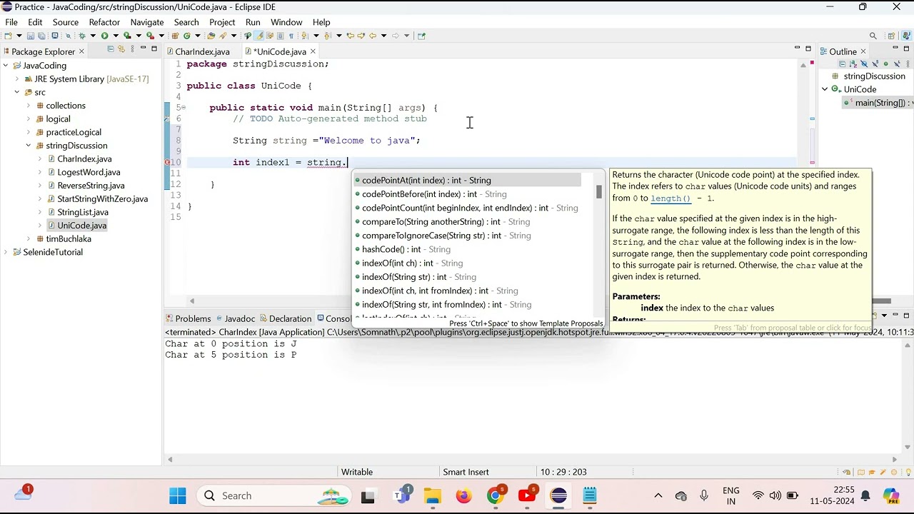 Write a Java program to get the character (Unicode code point) at the given index within the string.