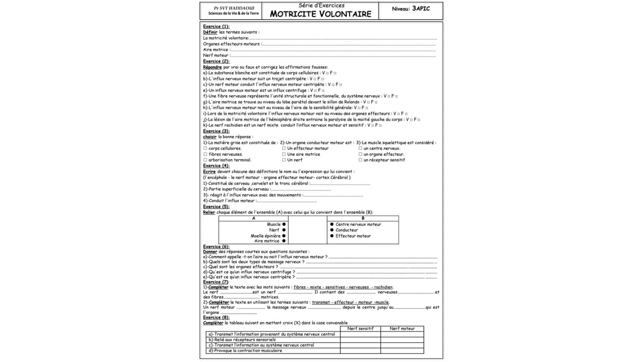 devoir 1 semestre 2 SVT systéme nerveux exercices