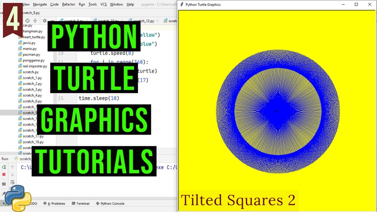 Tilted Squares 2 with Python Turtle | Python Turtle Graphics Tutorial#4 | Designs in turtle library