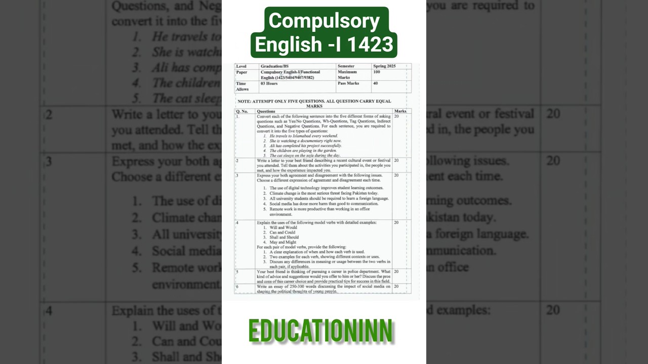 AIOU Compulsory English-I 1423/5404/9407  Past Paper Spring 2025 #aiou #1423 #5404 #9407 #viralshort